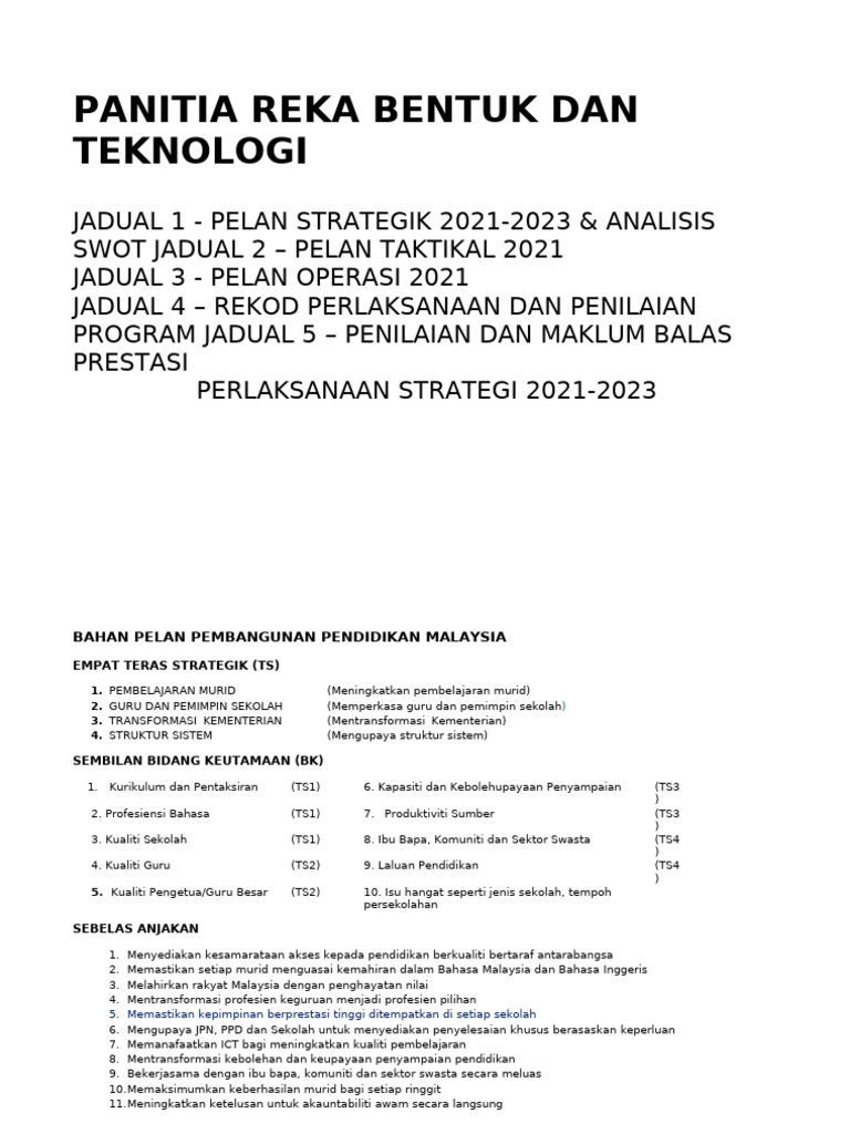 Perancangan Strategik RBT 2021 2023 | PDF