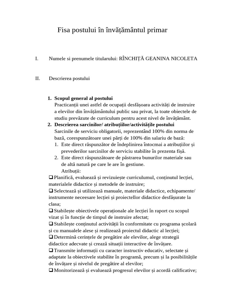 Fisa Postului in Invatamantul Primar | PDF