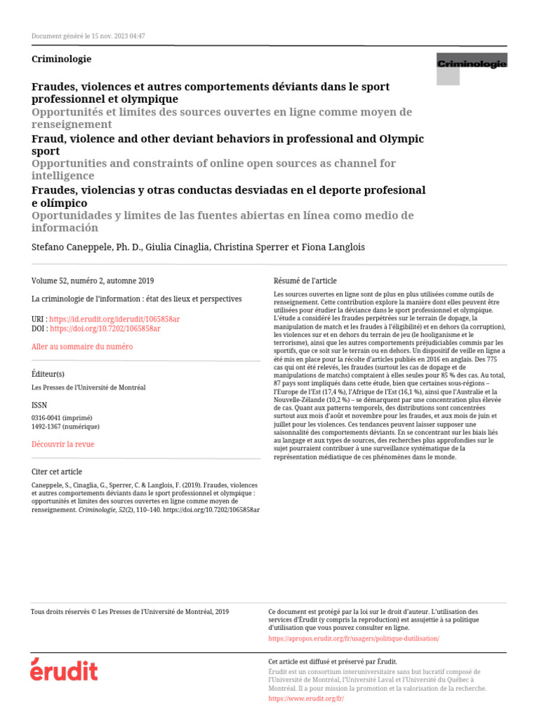 Criminologie: Stefano Caneppele, Ph. D., Giulia Cinaglia, Christina Sperrer Et Fiona Langlois | PDF