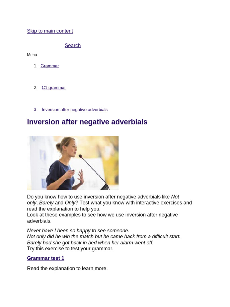 Inversion After Negative Adverbials: Skip To Main Content Search | PDF