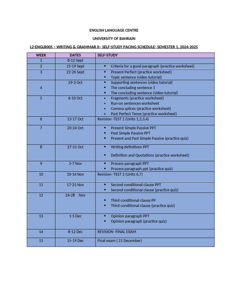 Englr 005 Self Study Pacing Schedule 2024-2025 Sem 1 | PDF
