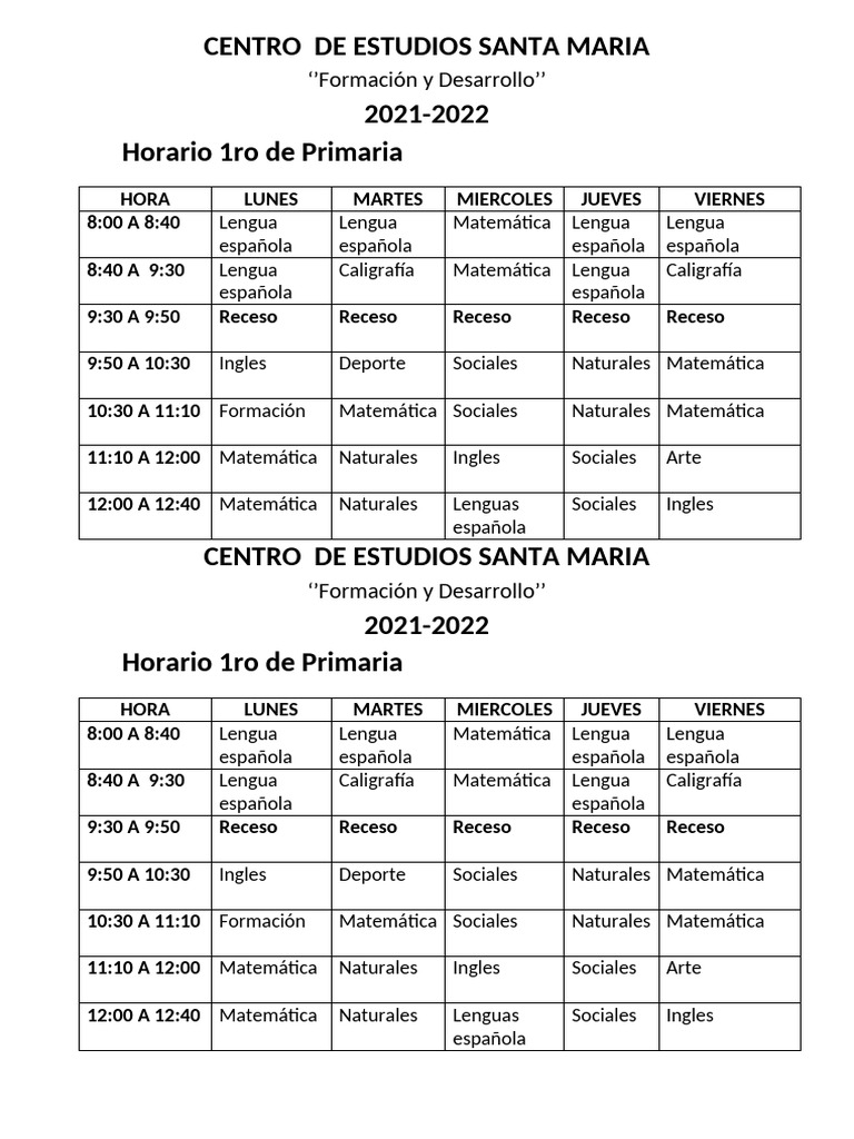 Horario 1ro Primaria | PDF