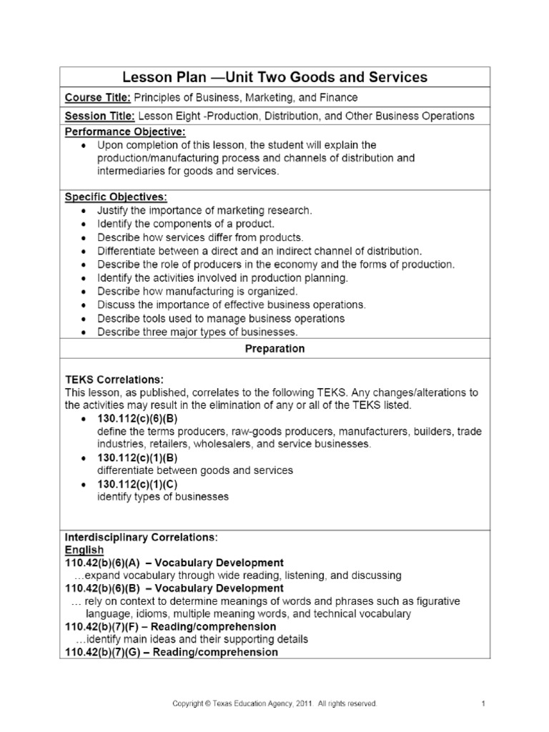 Lesson Plan - Unit Two Goods and Services | PDF