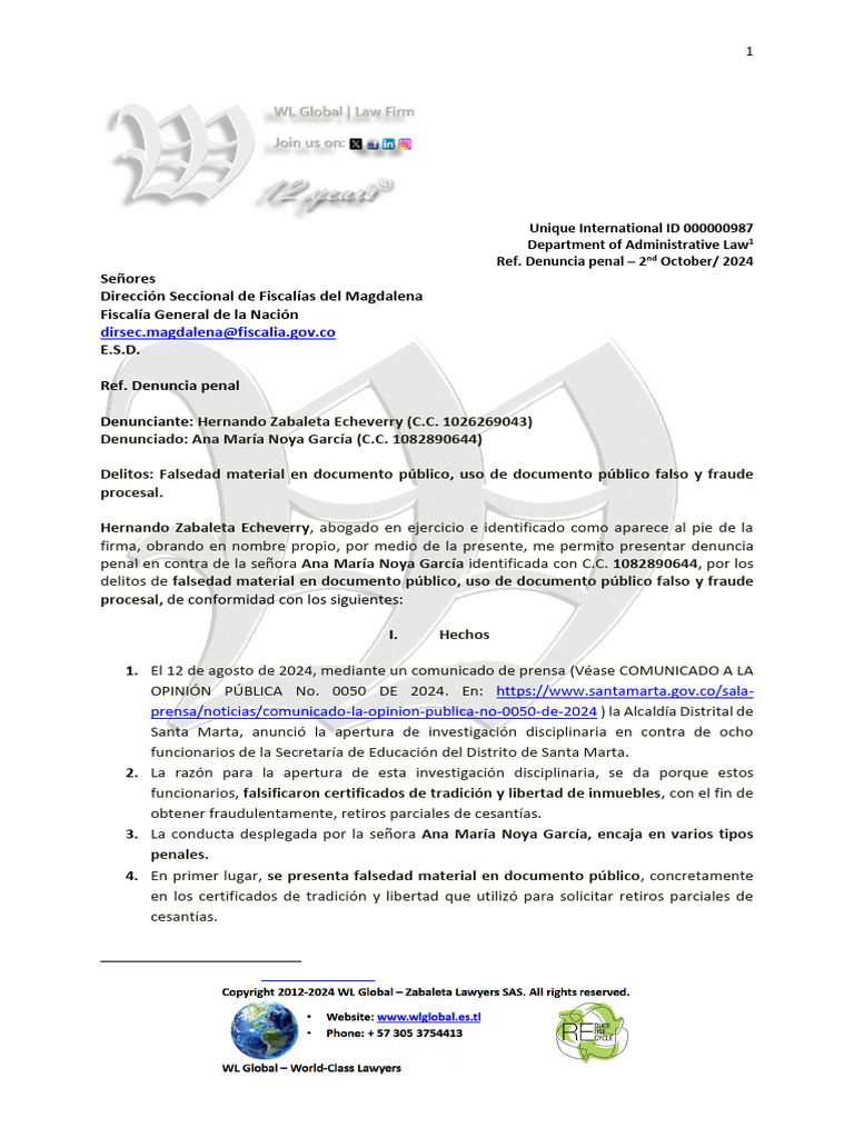 Denuncia Penal - Ana Maria Noya Garcia | PDF | Ley procesal | Fraude