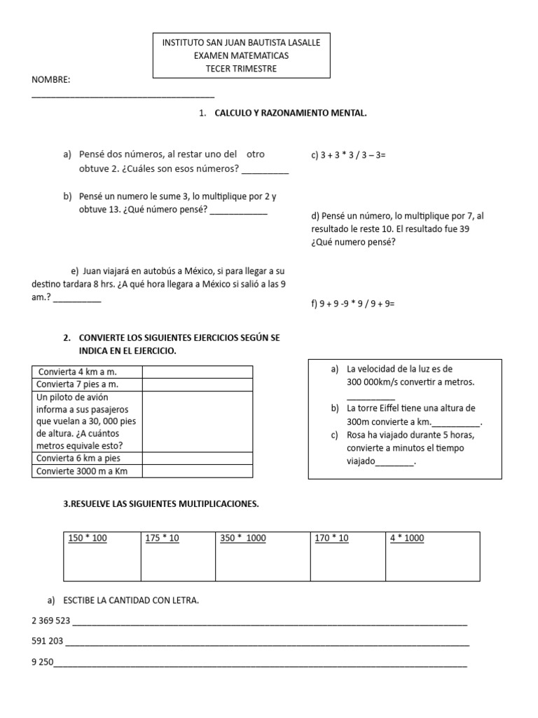Examen Trimestre Mate | PDF