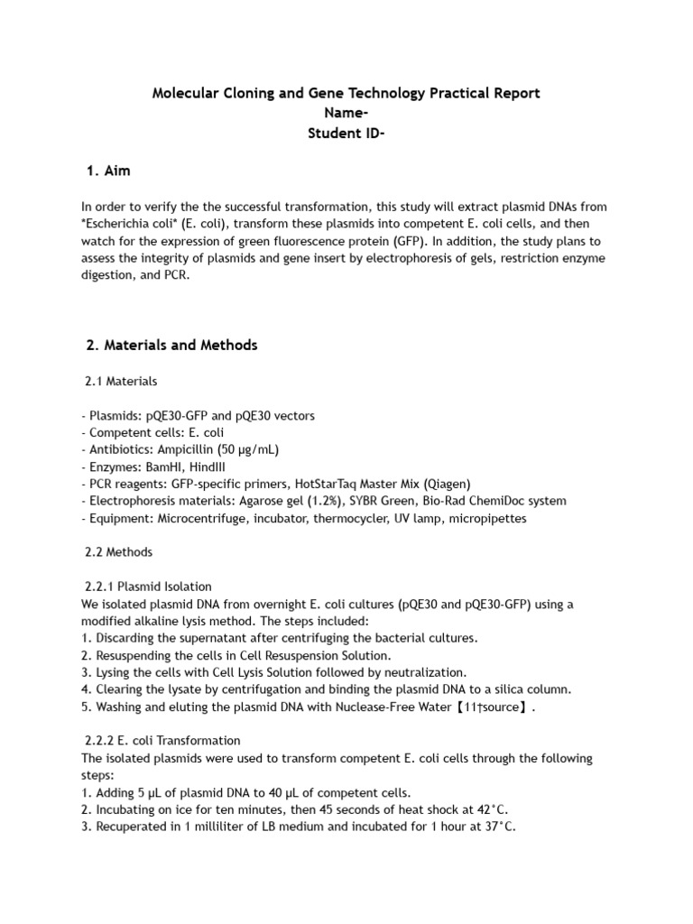Molecular Cloning and Gene Technology Practical Report | PDF