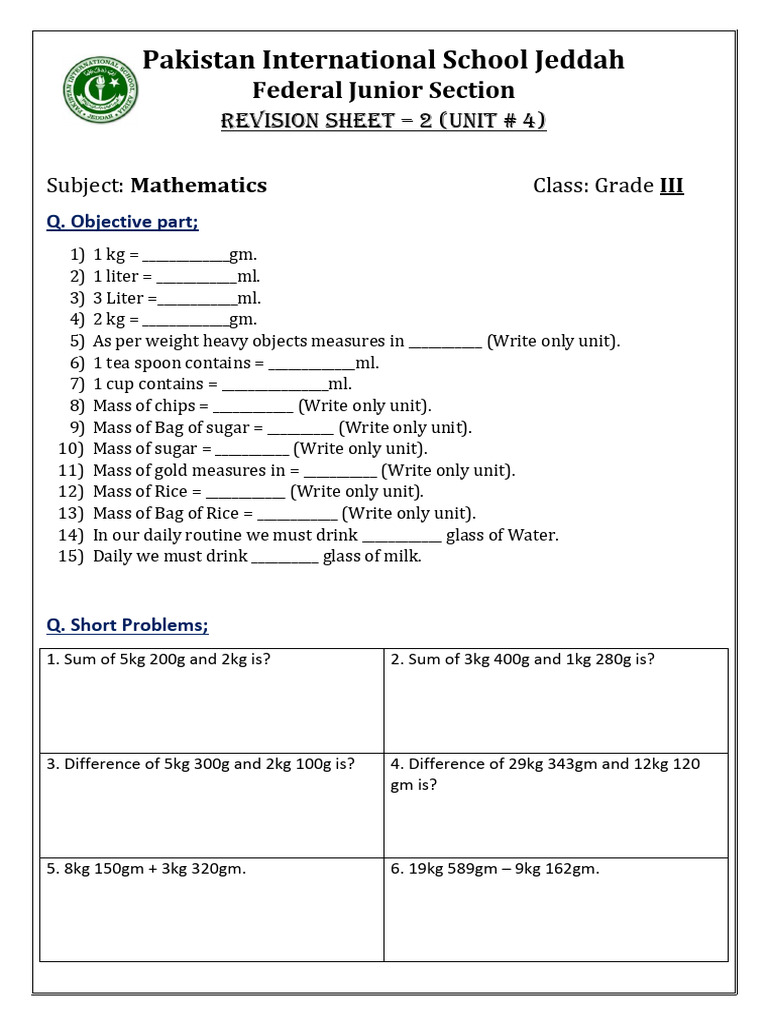 Revision Worksheet - 2 Mathematics (Unit - 4) | PDF