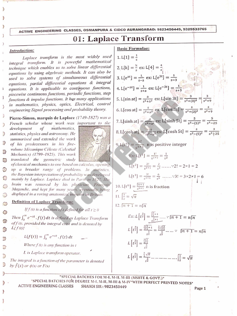 Laplace Transform UNIT 1 (Pran Tehare) Tution Notes | PDF