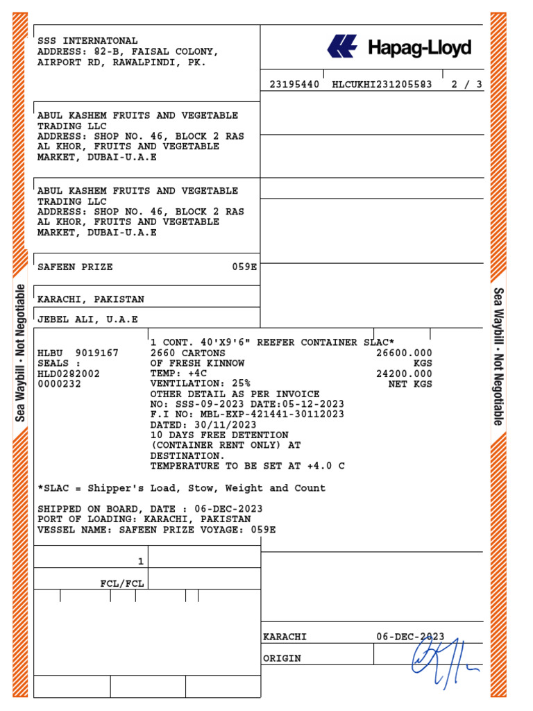 SSS International Bill of Lading Issued by Hapag-Lloyd | PDF | Bill Of ...