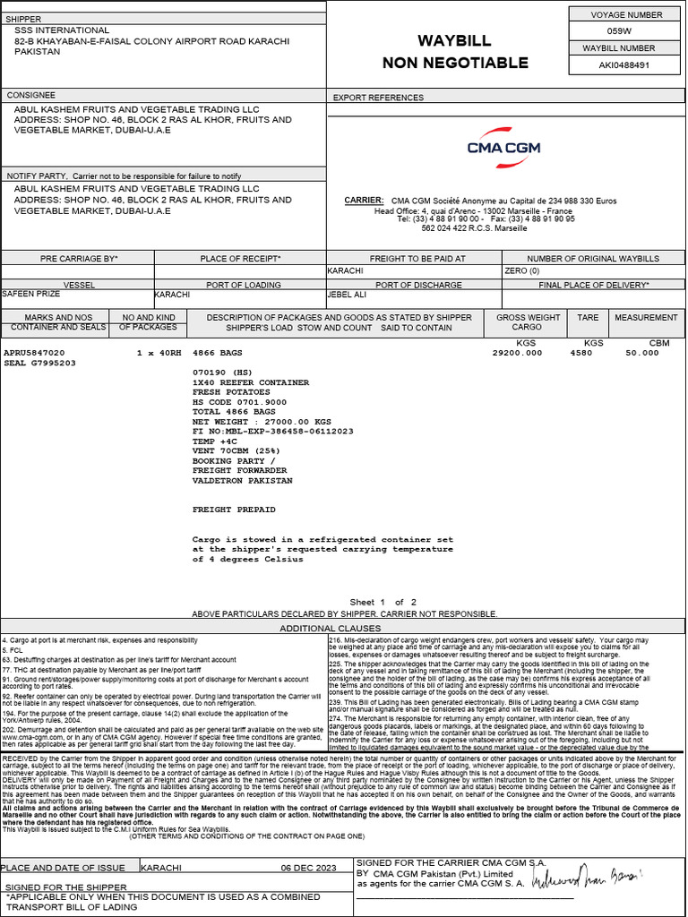 Reefer Shipment of Fresh Potatoes | PDF | Bill Of Lading | Cargo