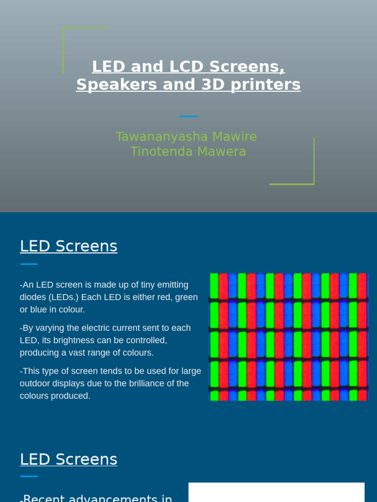 LED and LCD Screens, Speakers and 3D Printers | PDF