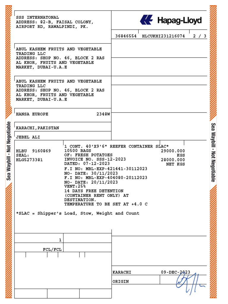 SSS International Bill of Lading Issued by Hapag-Lloyd | PDF | Cargo ...