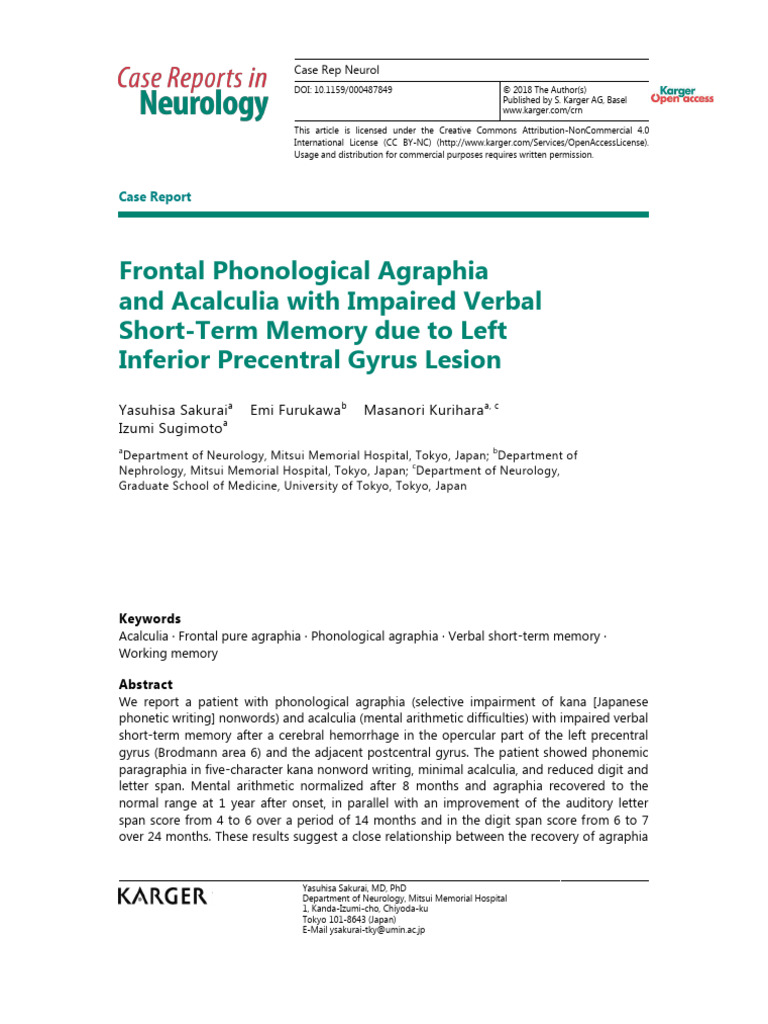Frontal Phonological Agraphia and Acalculia With I | PDF