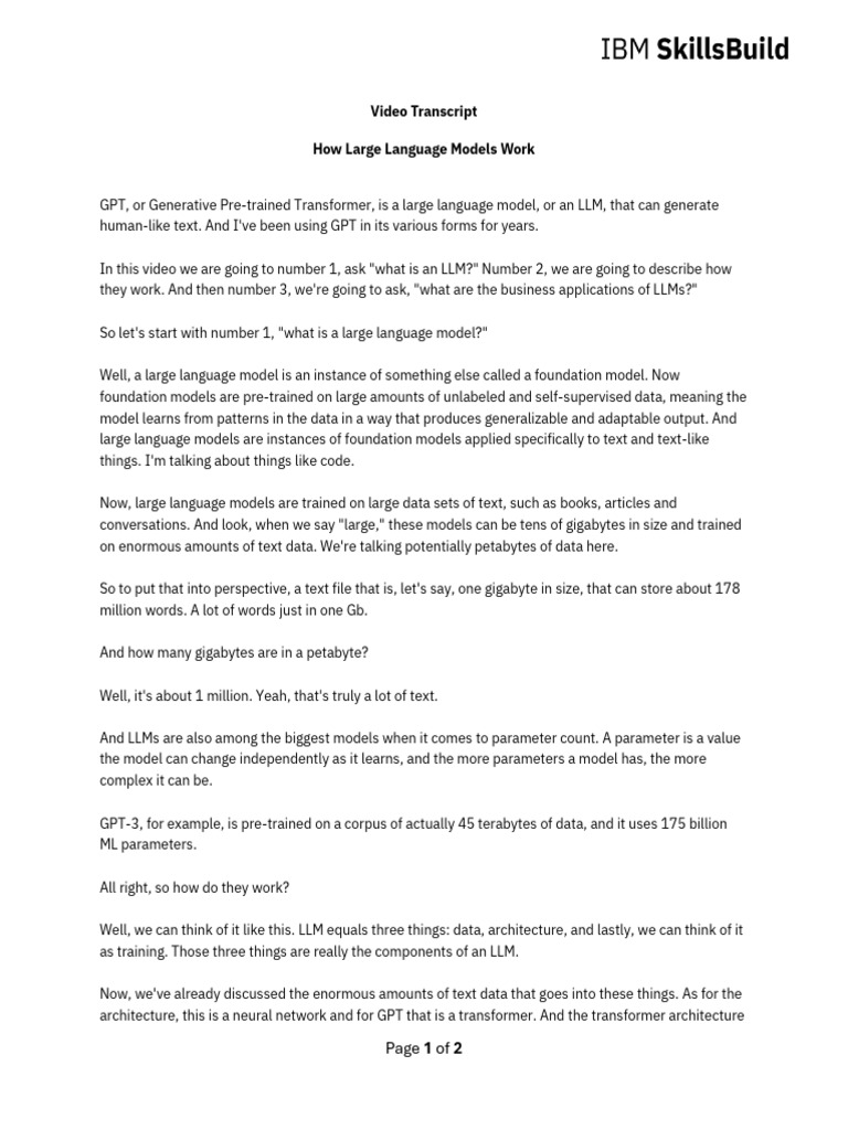 Video Transcript - How Large Language Models Work | PDF