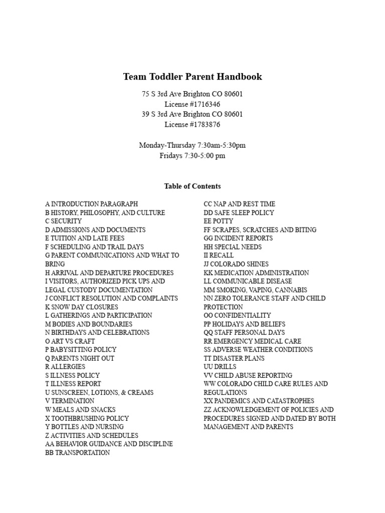 Team Toddler Parent Handbook | PDF