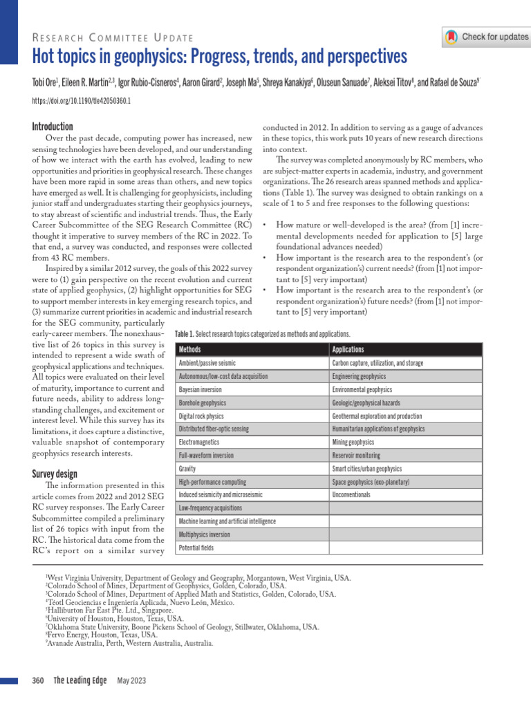 Ore Et Al 2023 Research Committee Update Hot Topics in Geophysics Progress Trends and ...