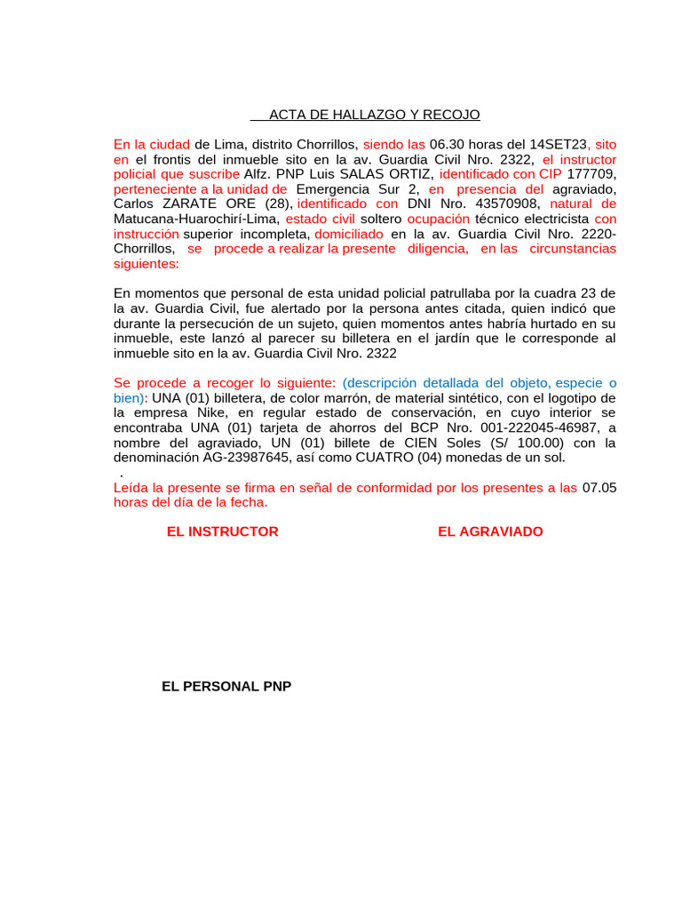 Acta de Hallazgo y Recojo | PDF