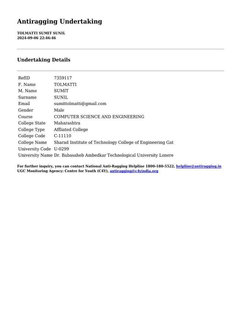 Anti Ragging Affidavit Form | PDF