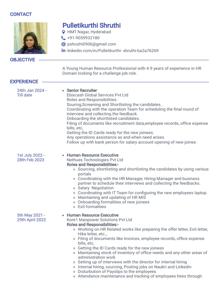 Sruthi CV | PDF | Human Resources | Recruitment