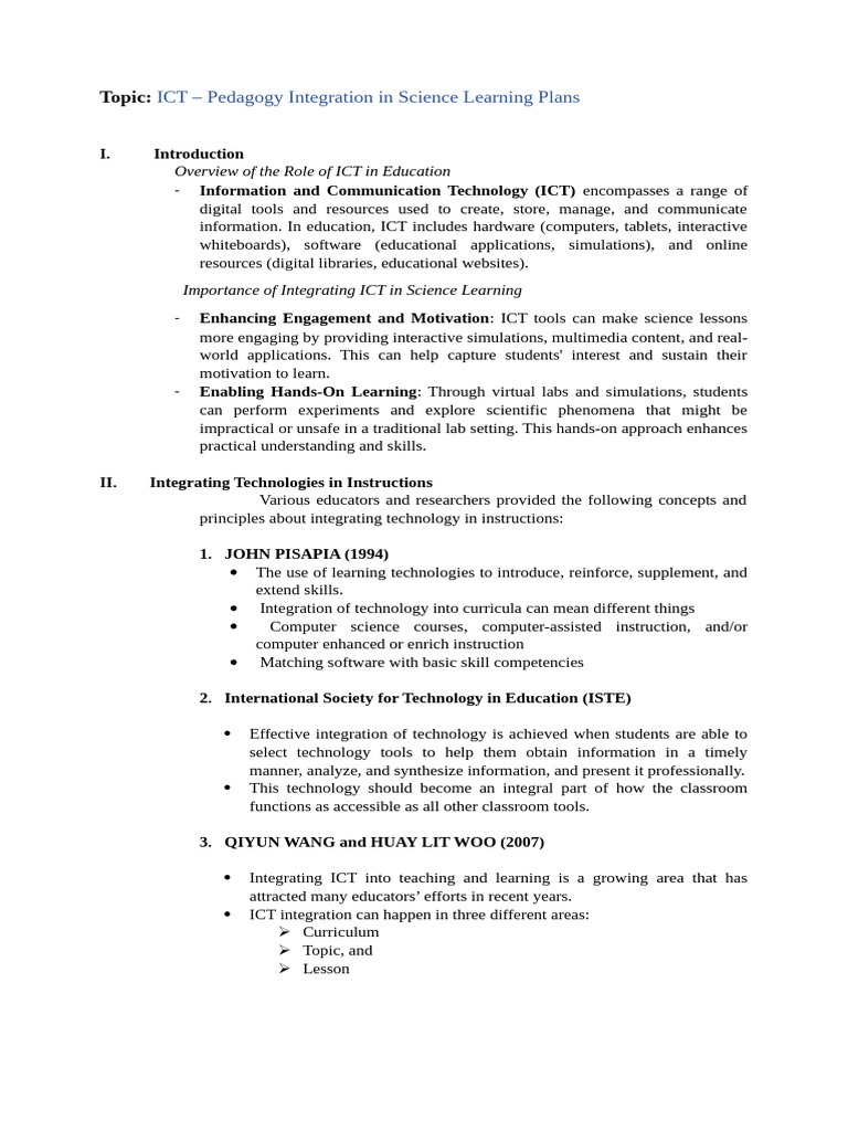 ICT - Pedagogy Integration in Science Learning Plans | PDF