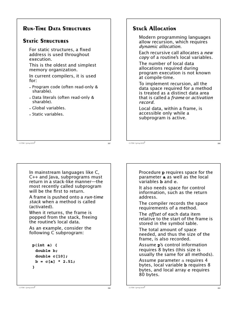 Run Time Data Structures Static Structures Stack Allocation Dynamic Allocation Copy Of A