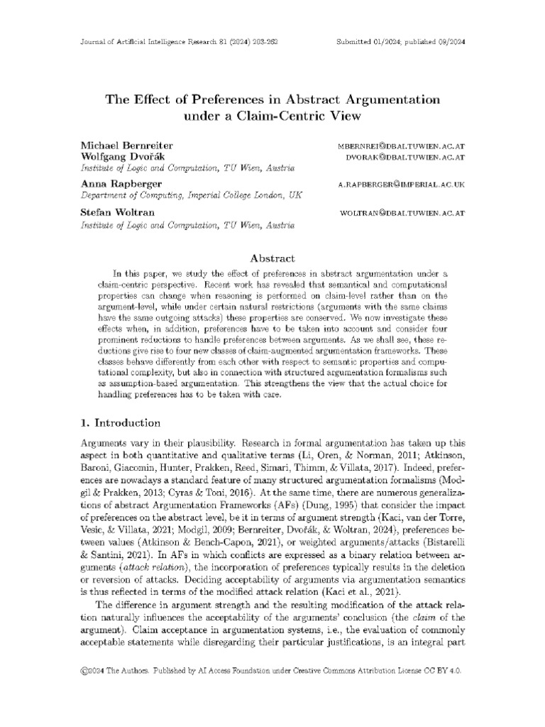 View of The Effect of Preferences in Abstract Argumentation Under A Claim-Centric View | PDF