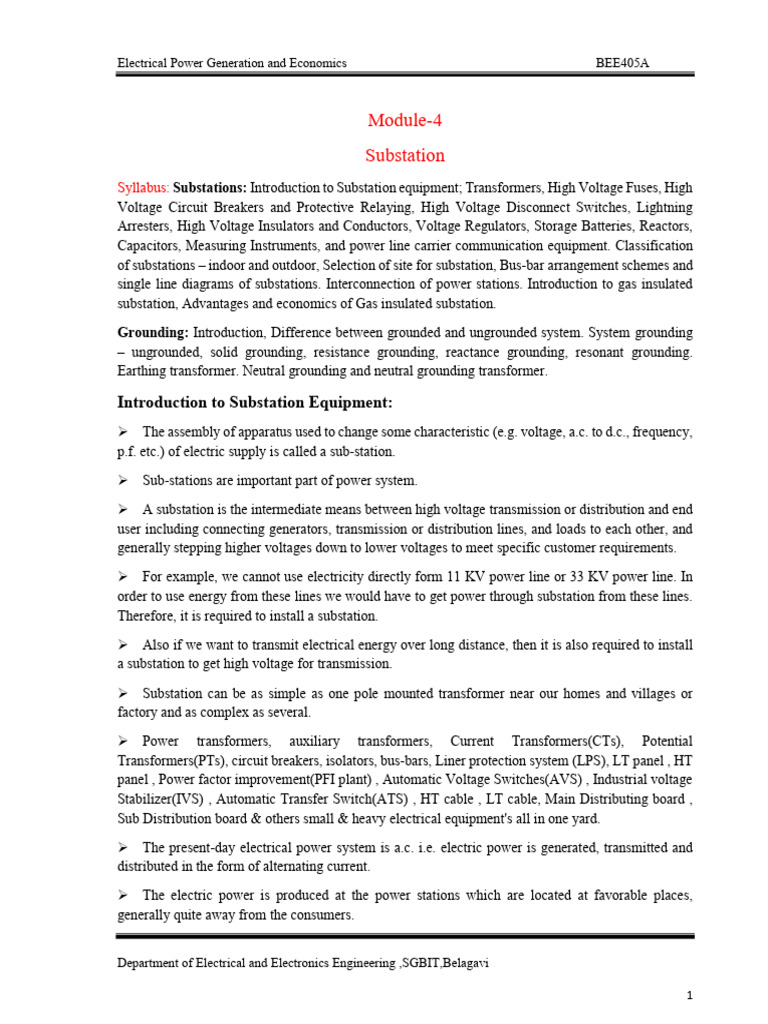 Module-4 - SubStation - Part-1-Electrical Power Generation | PDF