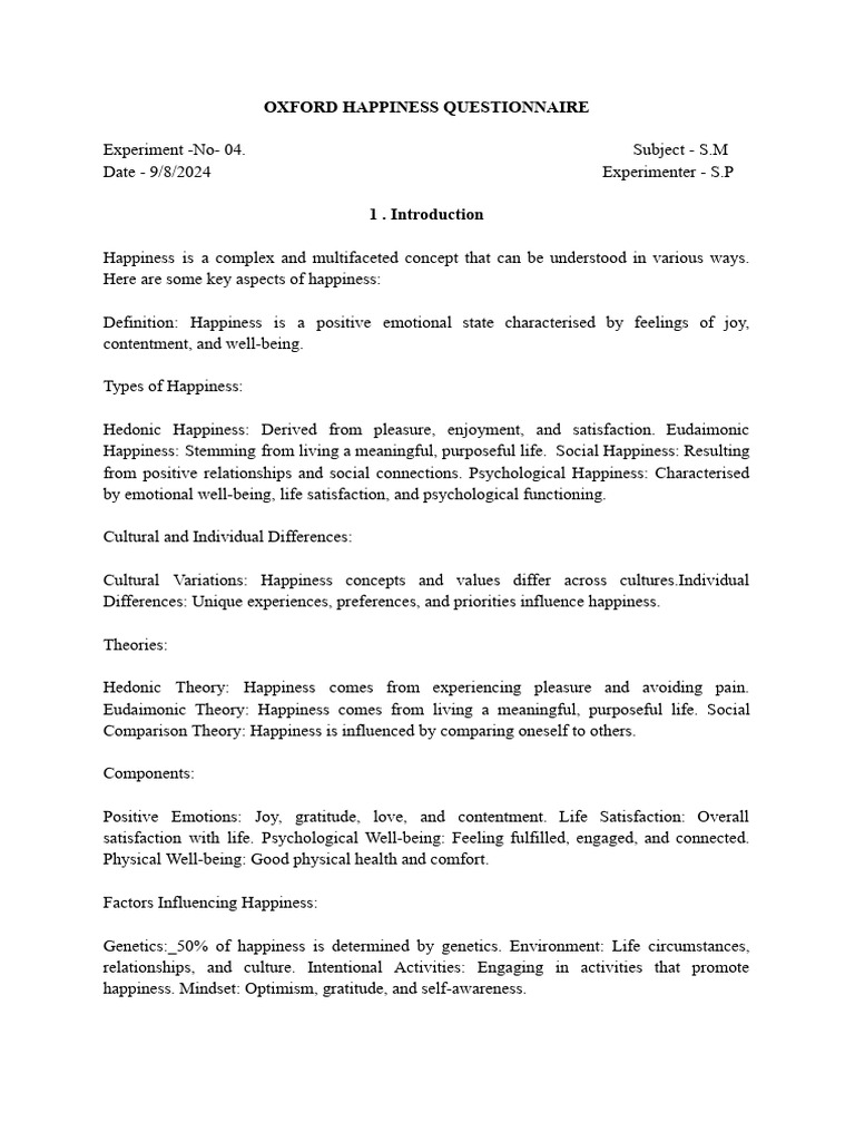 OXFORD HAPPINESS QUESTIONNAIRE | PDF