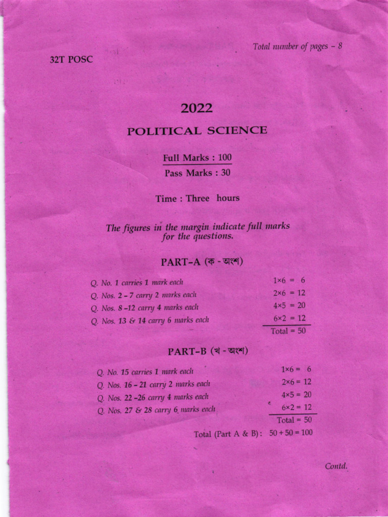 Poltical Science Question Paper For H S Final Examination 2022 | PDF