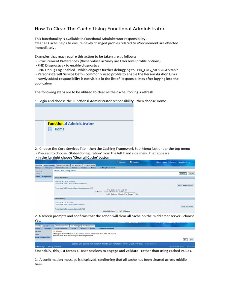 Clear Cache Using Functional Administrator | PDF
