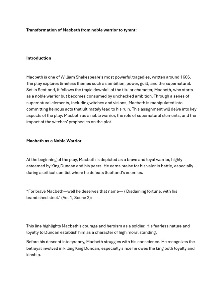 Transformation of Macbeth From Noble Warrior To Tyrant | PDF