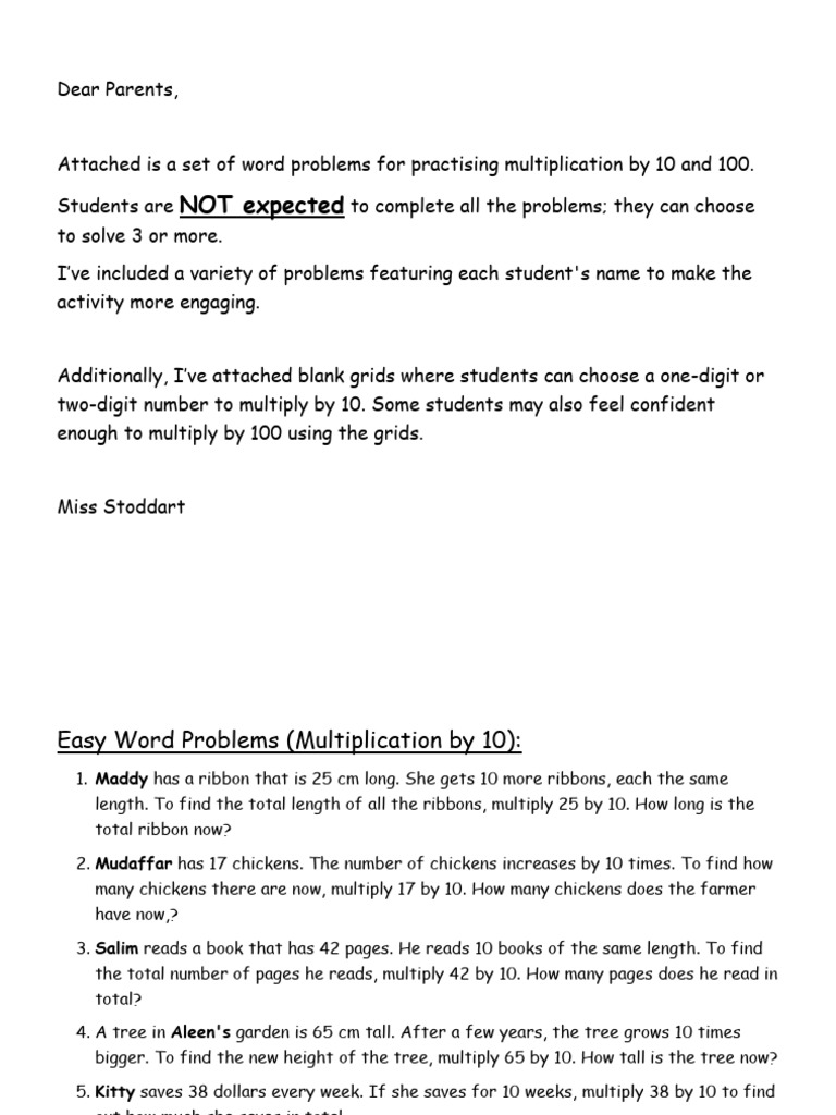 X 10 X 100 Word Problems | PDF