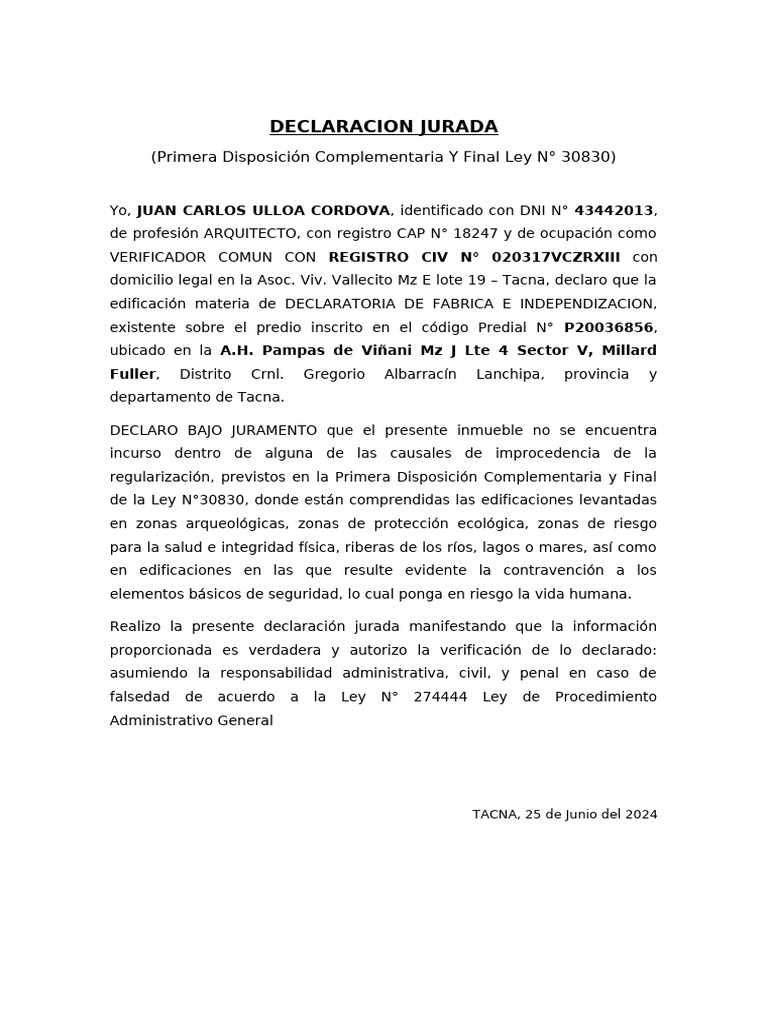 Declaracion Jurada - Ley 30830 | PDF