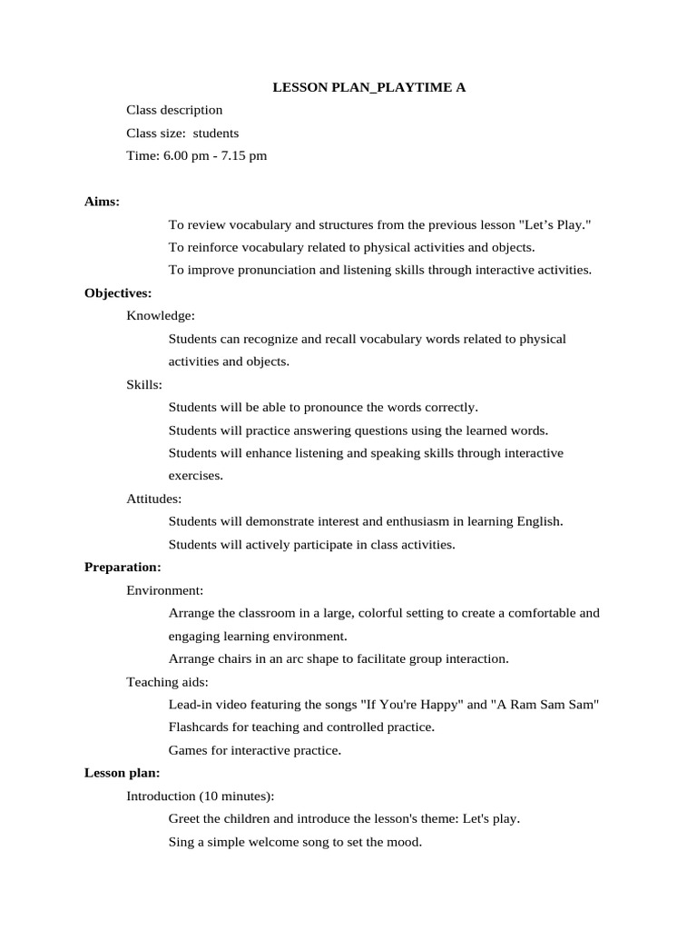 LESSON PLAN_PLAYTIME A+B | PDF