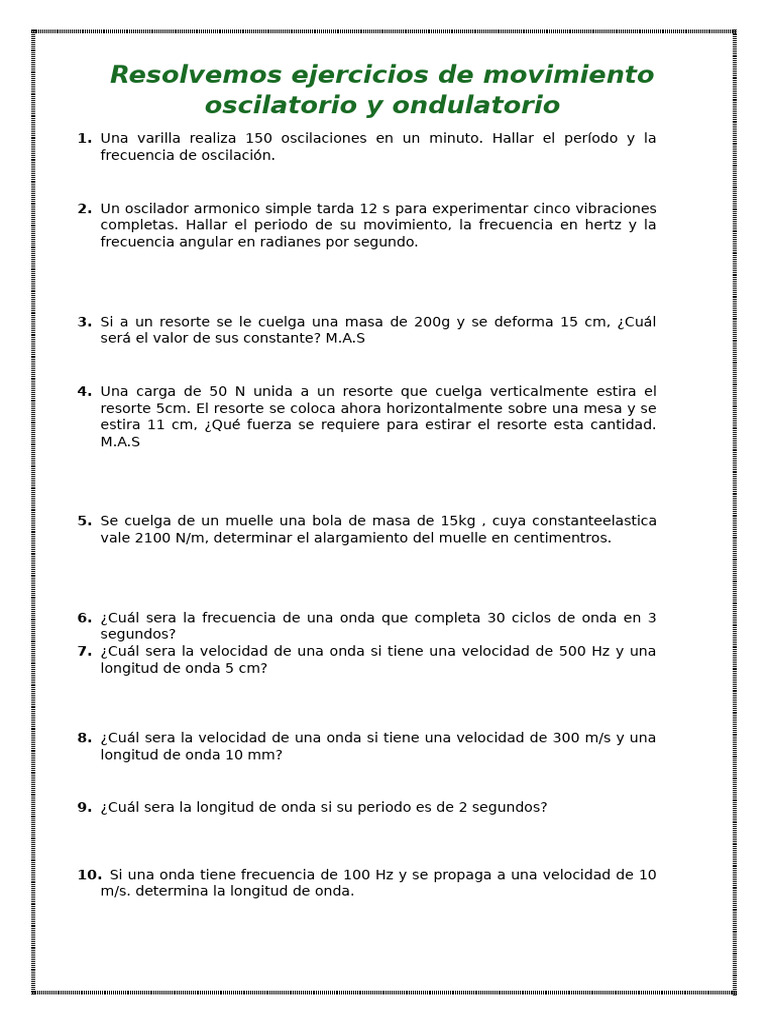 Resolvemos Ejercicios de Movimiento Oscilatorio y Ondulatorio Pract | PDF