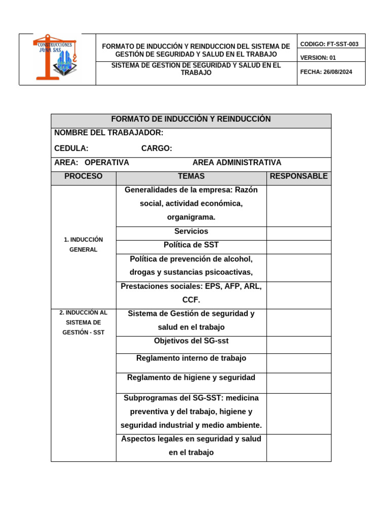 Formato de Induccion y Reinduccion - Construcciones J & Na Sas | PDF