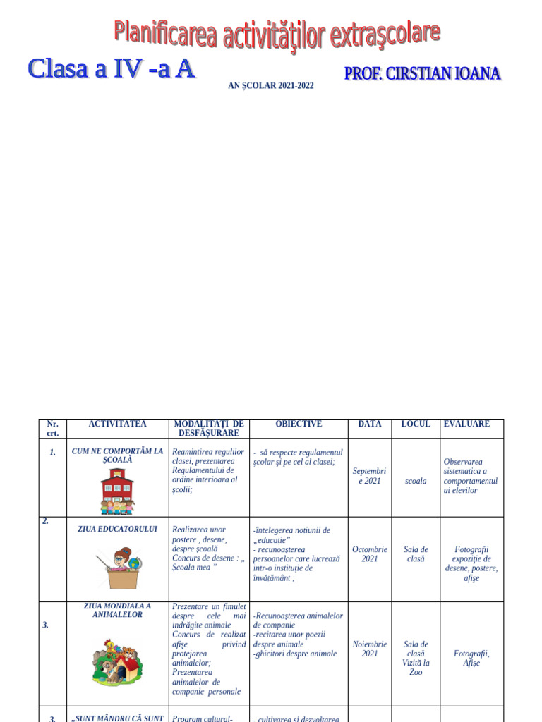 Planificare Extrascolara | PDF