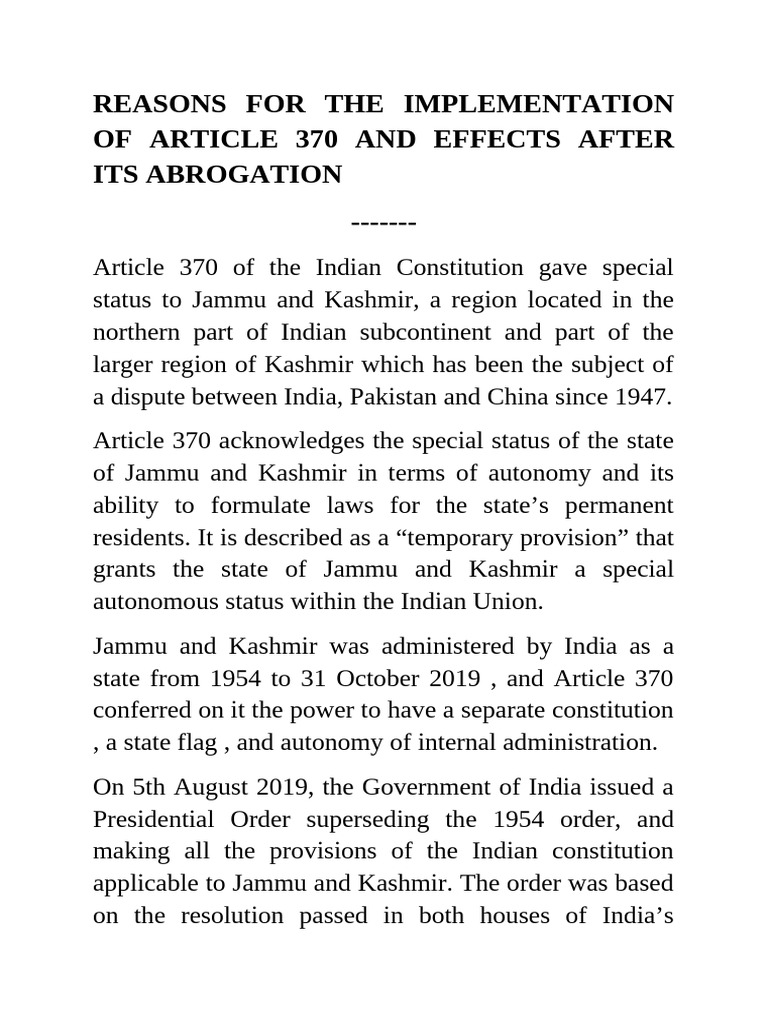Reasons For The Implementation of Article 370 and Effects After Its ...