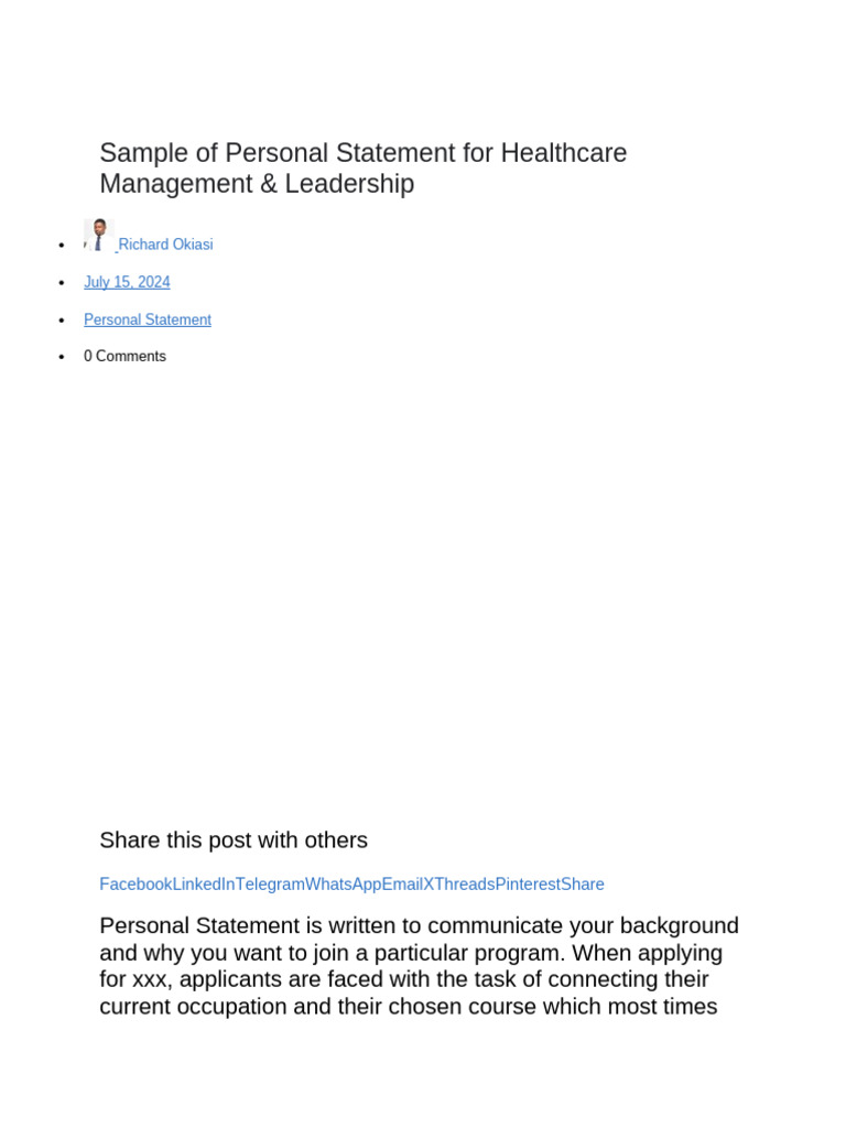 Personal Statement for Healthcare Leadership | PDF | Leadership