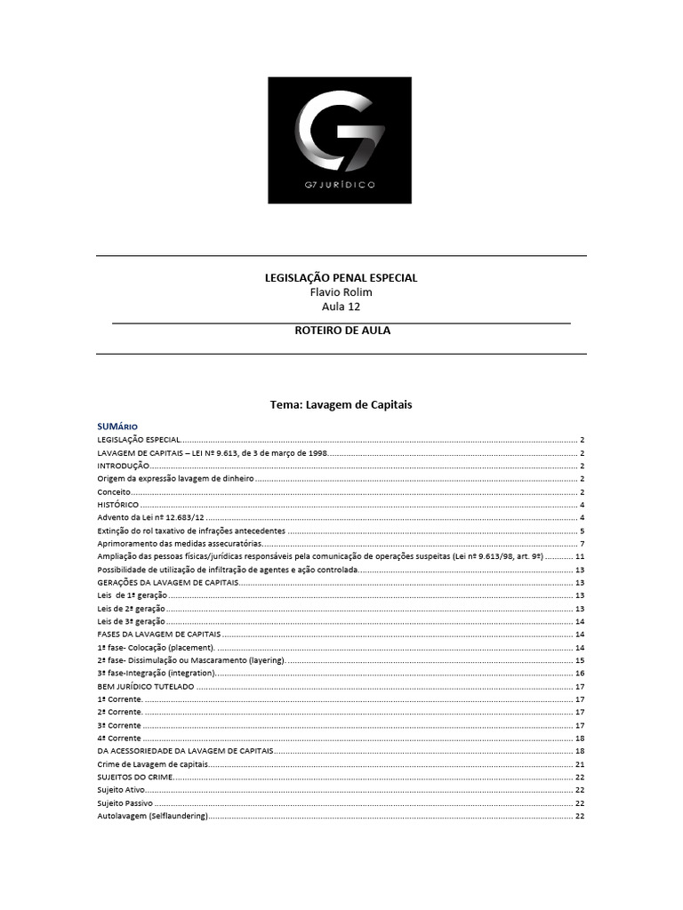 Roteiro de Aula - LPE - Flávio Rolim - Lavagem de Capitais - Aula 12 | PDF