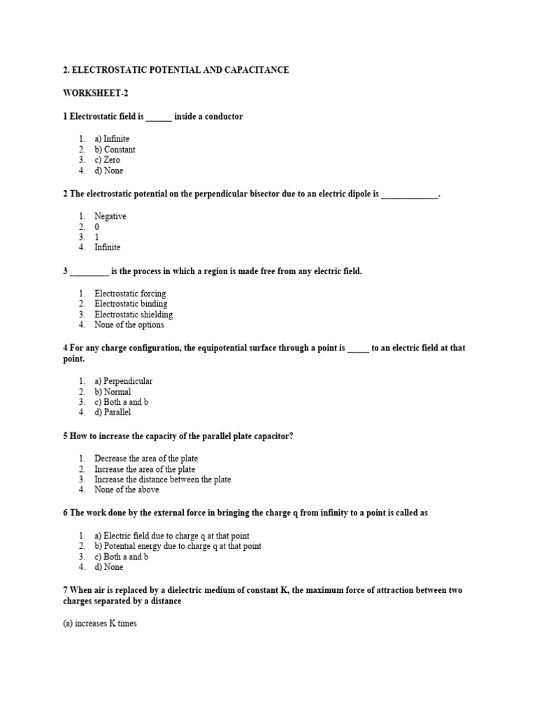 ELECTROSTATIC POTENTIAL Worksheet | PDF