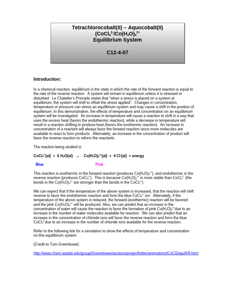 Tetrachlorocobalt-Aquocobalt Equilibrium System - C12-4-07 | PDF