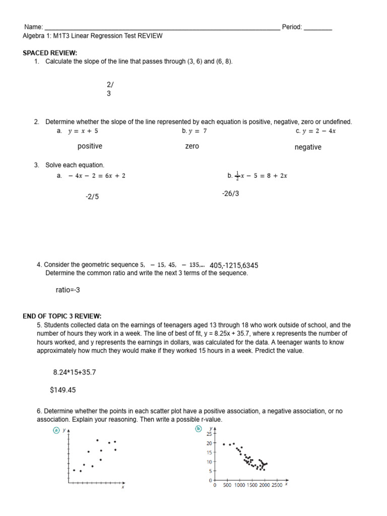 Linear Regression Test Review Guide | PDF | Linear Regression ...