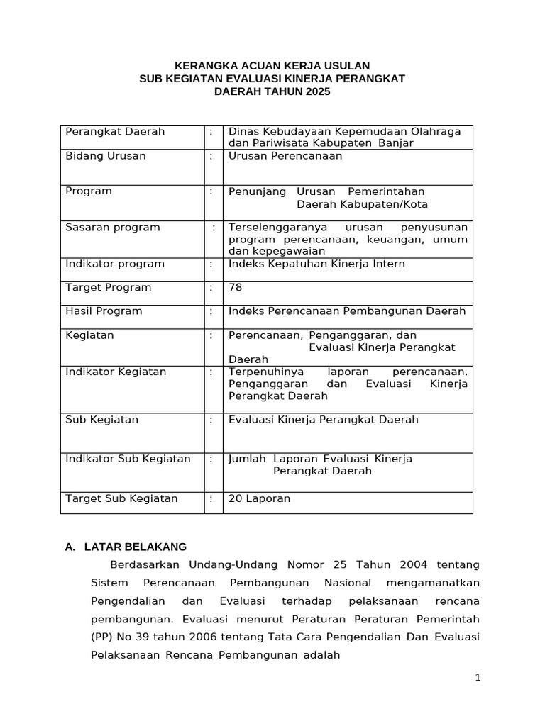 KAK Sub Kegiatan Evaluasi Kinerja Perangkat Daerah | PDF