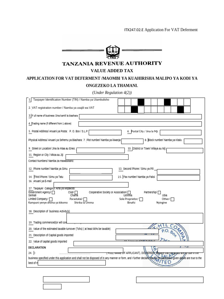 ITX247.02.E - Application For VAT Deferment | PDF