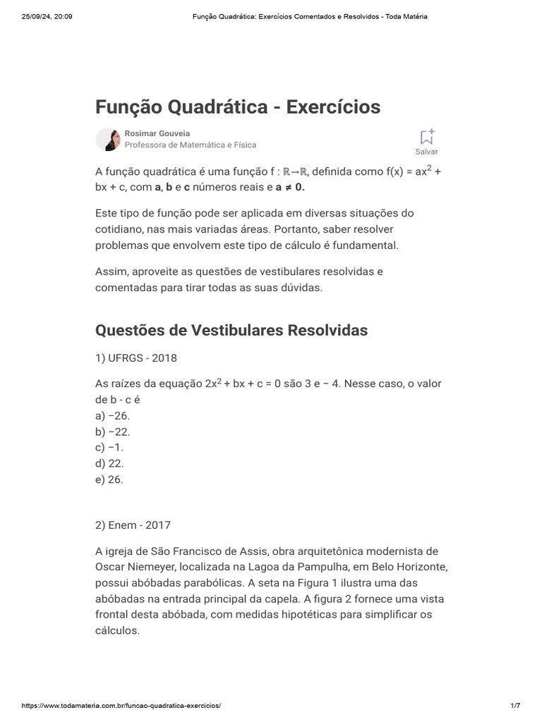 Função Quadrática_ Exercícios Comentados e Resolvidos - Toda Matéria | PDF Função Quadrática_ Exercícios Comentados e Resolvidos - Toda Matéria | PDF