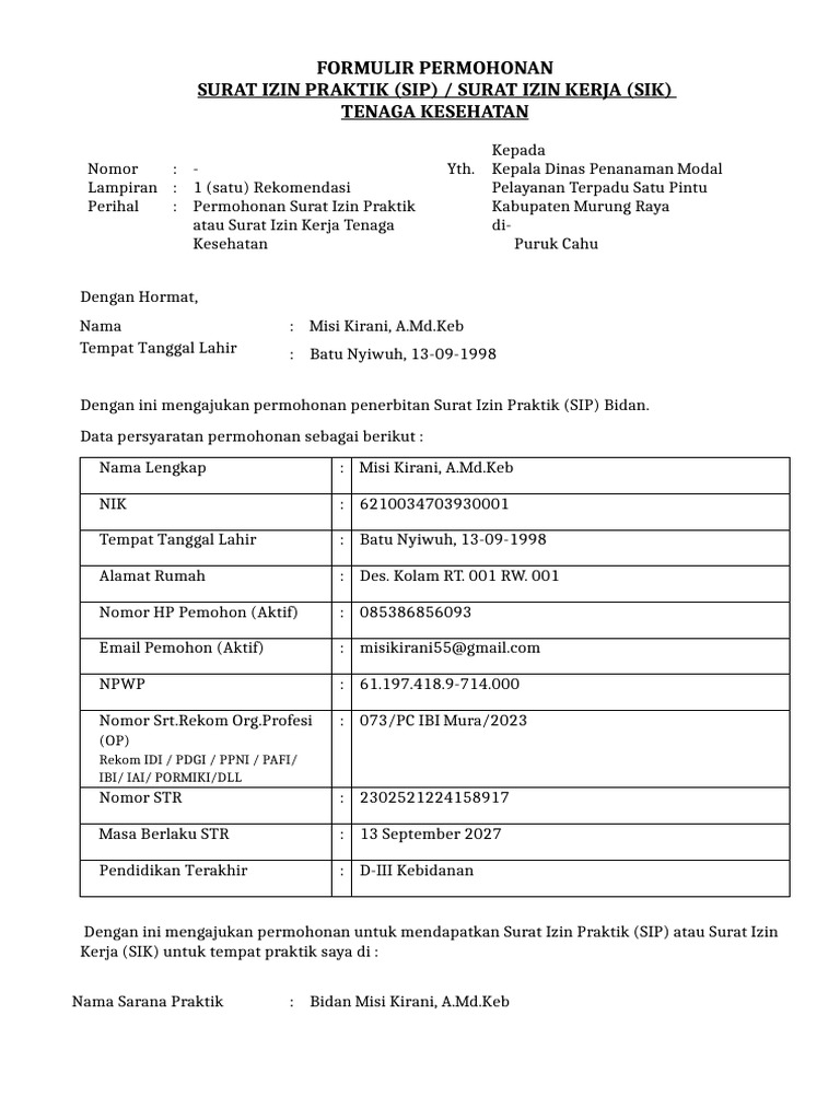Format Surat Permohonan SIP Terlampir (Point 1) | PDF
