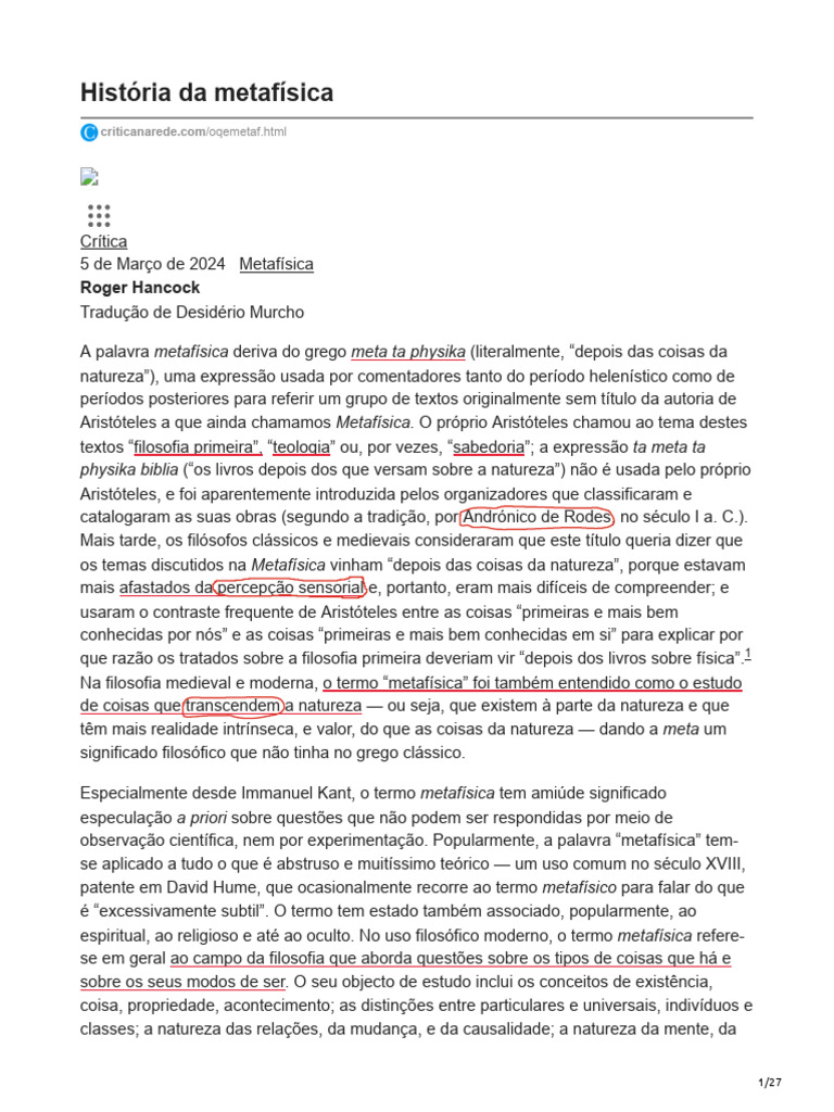 Artigo - História Da Metafísica - Roger Hancock | PDF