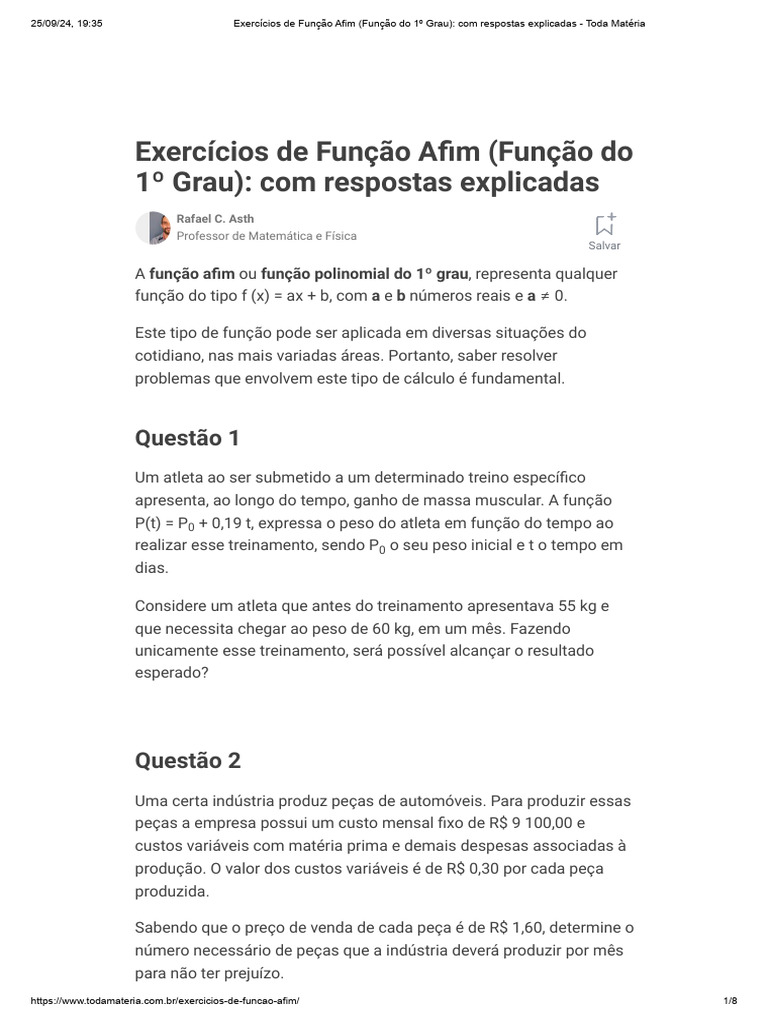Exercícios de Função Afim (Função Do 1º Grau) - Com Respostas ...