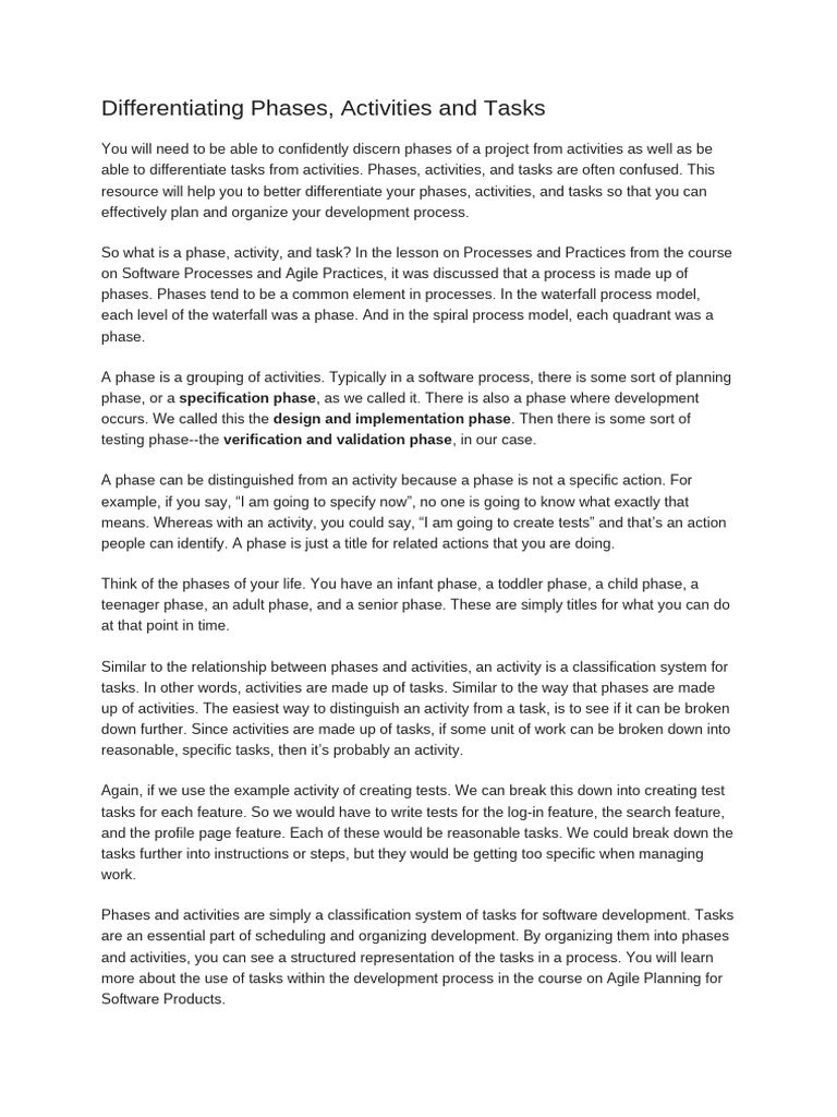 Reading 1 - Differentiating Phases Activities and Tasks | PDF